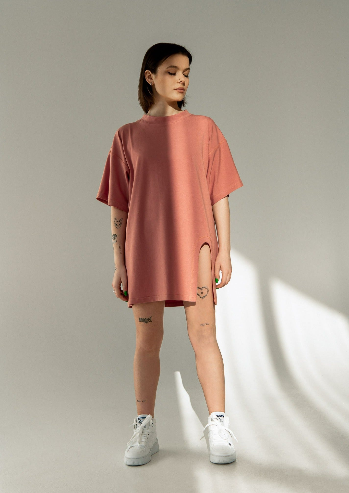 [HIMALAYA] Oversized Cut Out Tee Dress & One Leg Short in Rosé ...